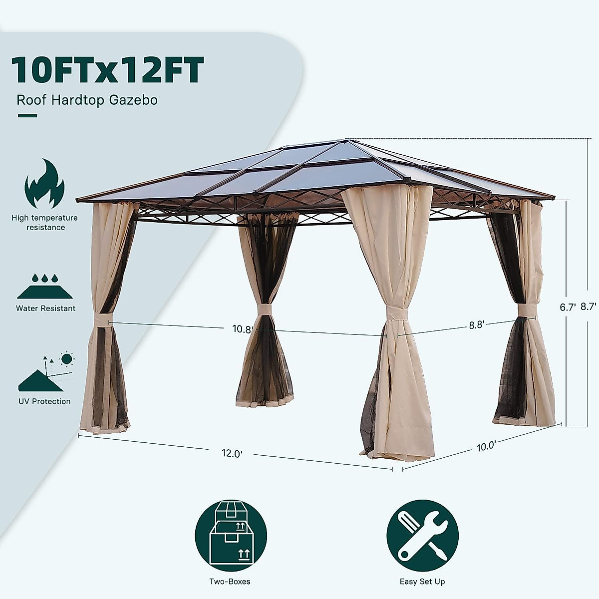 Grand patio 10x12 Hardtop Gazebo, Single Roof Pergolas Metal Aluminum Frame UV 50+ Outdoor Canopy with Mosquito Netting and Curtains, Outdoor Shelter for Garden, Lawn, Backyard
