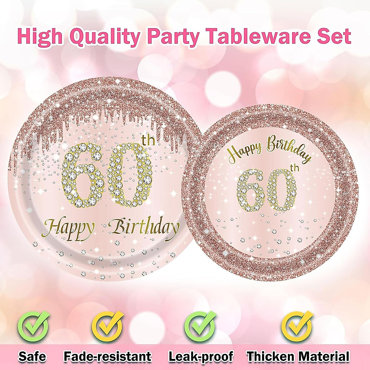 Rose Gold Birthday Party Supplies,Disposable Party Tableware Sets - 60 Years Paper Plates,Napkins,Plastic Forks Knives,Tablecloths,60th Birthday Decorations for Women,24 Guests