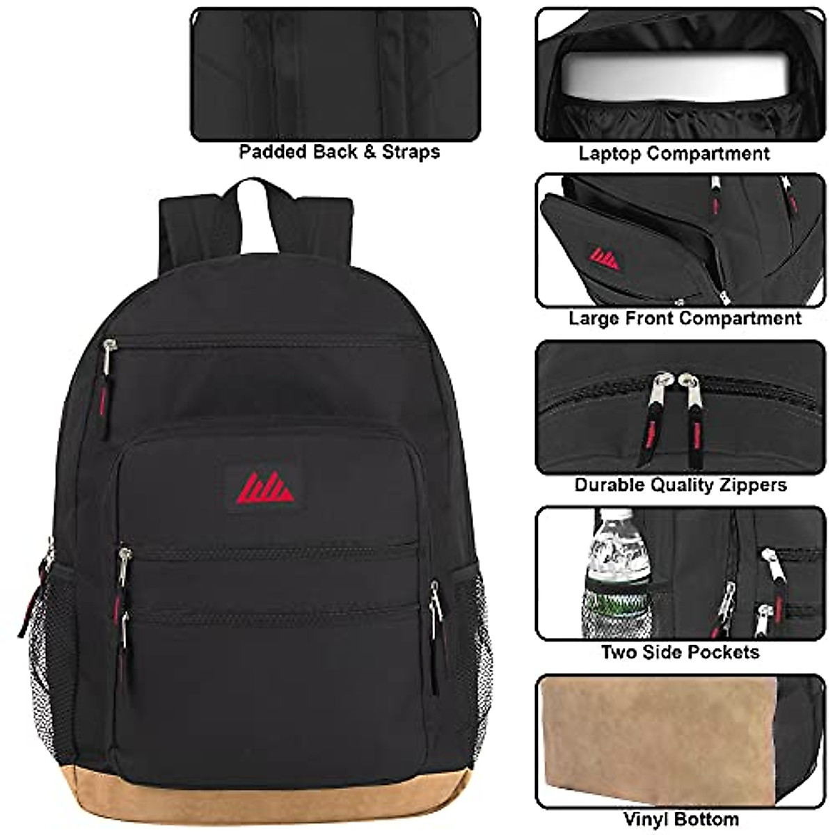 Multipocket Laptop Backpack for Men, Women – Vinyl Bottom Laptop Backpack with Pockets for College, Travel, Work (Black)