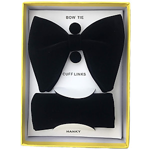 Justar Mens Pre-Tied Oversized Bow Tie Tuxedo Velvet Bowtie Cufflinks Hankie Combo Sets (Black)