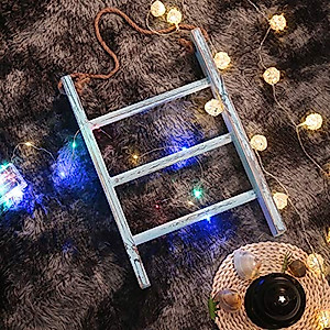 DOCMON 3-Tier Towel Rack, Wood Bathroom Decor Wall-Hanging Towel Storage Ladder with Rope for Farmhouse Room Decor (Blue)