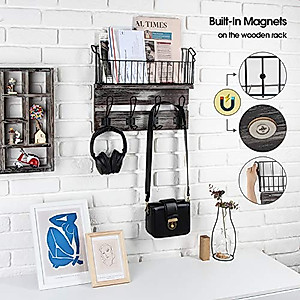 J JACKCUBE DESIGN Wall Mount Rustic Wood Entryway Storage Shelf with 4 Hooks, Coat Rack and Black Metal Wire Basket, Hanging Organizer for Mail and Key - MK522A