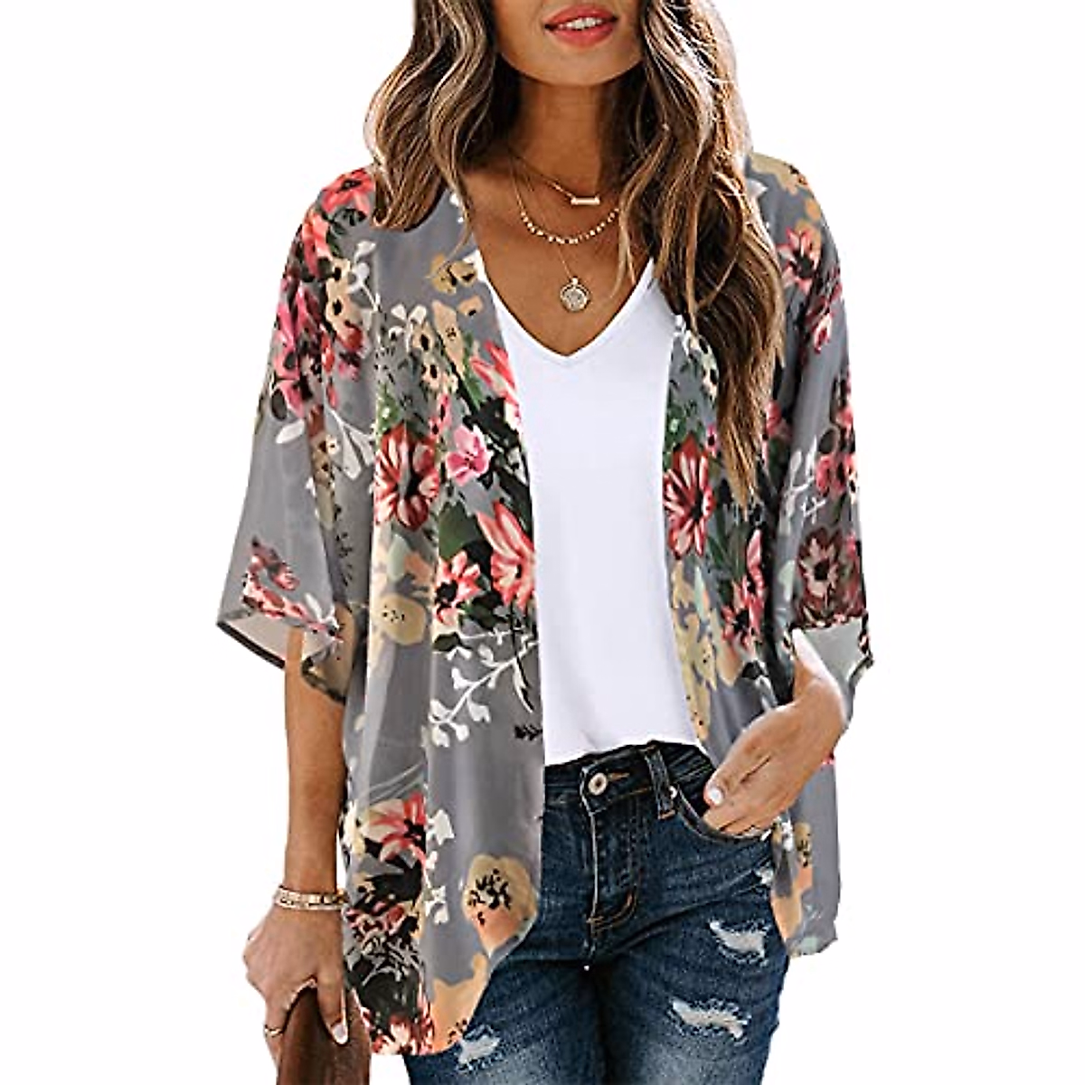 Women's Floral Print Puff Sleeve Kimono Cardigan Loose Cover Up Casual Blouse Tops (Dark Grey, XL)