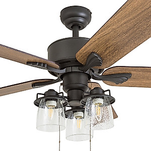 Prominence Home River Run, 52 Inch Farmhouse LED Ceiling Fan with Light, Pull Chain, Three Mounting Options, 5 Dual Finish Blades, Reversible Motor - 50566-01 (Bronze)
