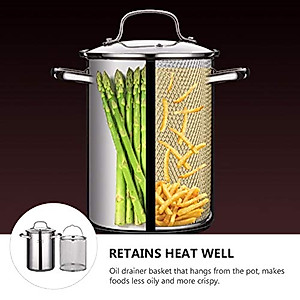 Hemoton Stainless Steel Frying Pot with Lid and Basket Deep Frying Pan Japanese Tempura Fryer with Mesh Steamer Basket for French Fries Chicken Kitchen Use