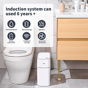 MOPUP Touchless Bathroom Trash Cans, Waterproof Motion Sensor Bedroom Garbage Can, 3.5 Gallon Slim Plastic Narrow Small Dogproof Trash Bin for Office,Living Room,Kitchen, White