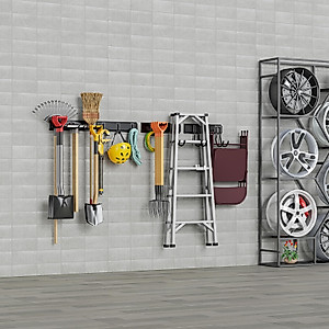 Tool Storage Rack Wall Mount, 64 Inch Adjustable Garden Tool Organizer, Heavy Duty Garage Wall Organizer Rack, Yard Tool Organizer System for Rake Shovel Broom Mop Wall Holder