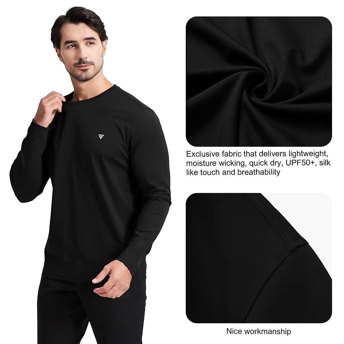 Black T Shirts for Men Long Sleeve Quick Dry Casual Summer Active Soft Lightweight Sun Shirts for Men
