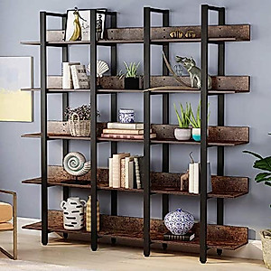Tribesigns Rustic Triple Wide 5-Tiers Open Bookcase, Vintage Industrial Large 5 Shelf Bookshelf Furniture, Etagere Bookcases with Back Fence for Home Office Decor Display (Retro Brown)