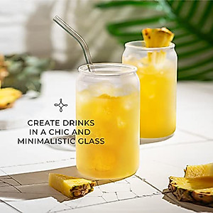 Lunnix Drinking Glasses with Lids and Glass Straw 4pcs Set - 16oz Can Shaped Glass Cups, Beer Glasses, Iced Coffee Glasses, Cute Tumbler Cup, Ideal for Cocktail, Whiskey, Gift, Tea - 1 Cleaning Brush