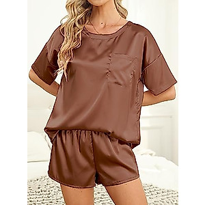 BEKOFO Silk Satin Pajama Sets Pj Satin Set Silk Pj for Women Set Satin Pajamas Shorts Pj Shorts and Silk Tshirt Summer Lounge Satin Set Brown Large