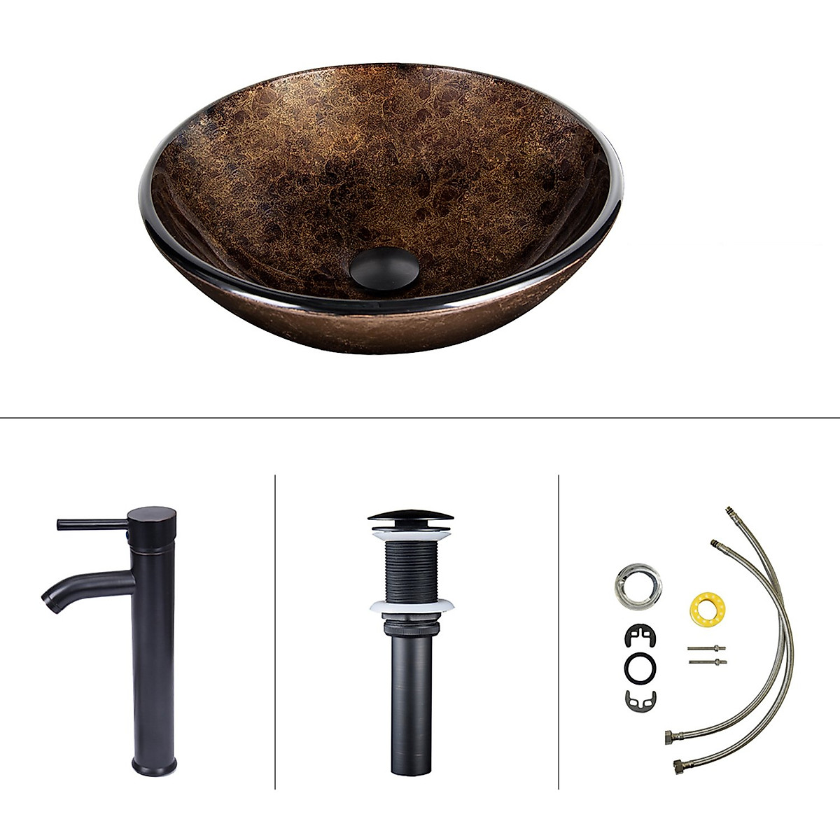 Puluomis 24 Inches Traditional Bathroom Vanity Set in Black Finish, Single Bathroom Vanity with Top and 2-Door Cabinet, Brown Glass Sink Top with Single Faucet Hole