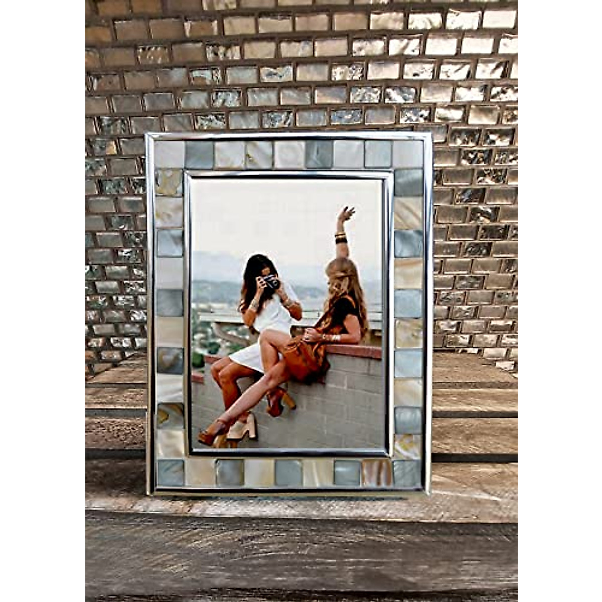 GIFTME 5 Silver Plate Picture Frame 5x7 Mother of Pearl 5 by 7 Photo Frame Mosaic Glass Tabletop Frame (Grey+ White,1pc)