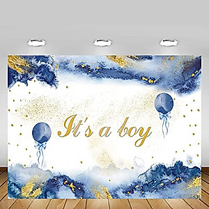 MEHOFOND 7x5ft Royal Blue Watercolor Baby Shower Backdrop for Boys Oh Baby Blue Watercolor Clouds Gold Glitter Baby Shower Photography Background It's A Boy Party Banner Photoshoot Props