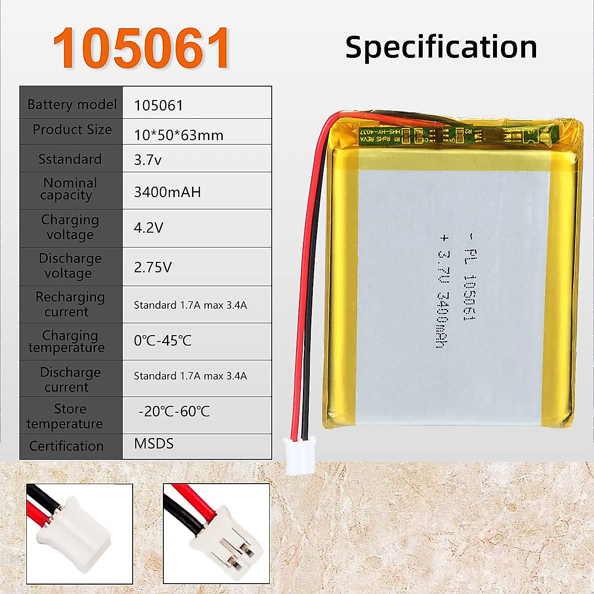 AKZYTUE 3.7V 3400mAh 105061 Lipo battery Rechargeable Lithium Polymer ion Battery Pack with JST Connector