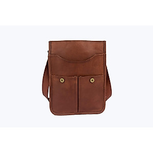 Genuine Vintage Leather Crossbody Messenger Bag, Slim Vertical Messenger Bag Fits 13 Inch Laptop, Unisex Shoulder Bag with Adjustable Straps and Brass Accessories, Brown