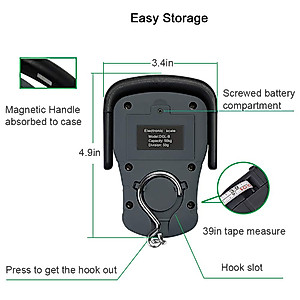 Digital Hanging Luggage Scale with Comfortable Handle and Large Hook, 110lb/50kg, Backlit Portable Scale for Travel Fishing with Tare/Hold Function, AAA Batteries Included, Grey