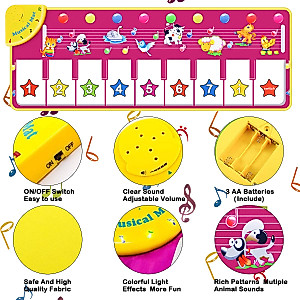 RenFox Musical Piano Mat, Toddlers Music Floor Keyboard Blanket Dance Mat with 8 Different Animal Sounds, Early Learning Educational Toys Gift for 1 2 3 4 Years Old Baby Boy Girl (Batteries Included)