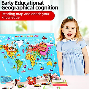 ExBePe Genuine Magnetic Wooden World Map Puzzle,92 Country Flash Cards,National Flags Introduction,Preschool Learning Education Geography Toy for Kid Ages 3+
