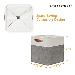 DULLEMELO [Set of 4 Storage Cubes Baskets for Organizing, 12 x 12 x 12 inch Cube Storage Organizer Bins with Leather Handles, Foldable Fabric Cloth Bins for Cube Storage(4 Pack - 12" White&Grey)