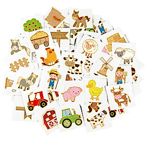 ADXCO 144 Pieces Farm Party Tattoos Gold Glitter Farm Barnyard Tattoos Farm Animal Temporary Tattoos for Kids Farm Birthday Party Favors Supplies, 24 Designs