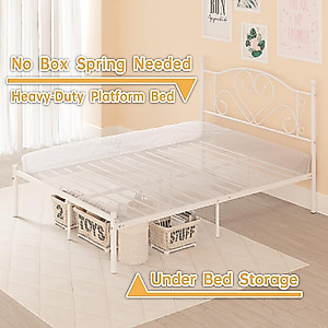 Weehom Full Size Bed Frame with Headboard, Heavy Duty Steel Slat Support Platform Under Bed Storage Space No Box Spring Needed, White