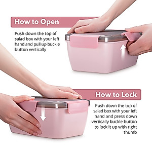 GiFBERA Large Salad Lunch Container - 68 oz Salad Bowl with 5 Compartments Bento-Style Tray, 2 pieces Salad Dressing Containers To Go, Leak-Proof & BPA-Free (Pink)