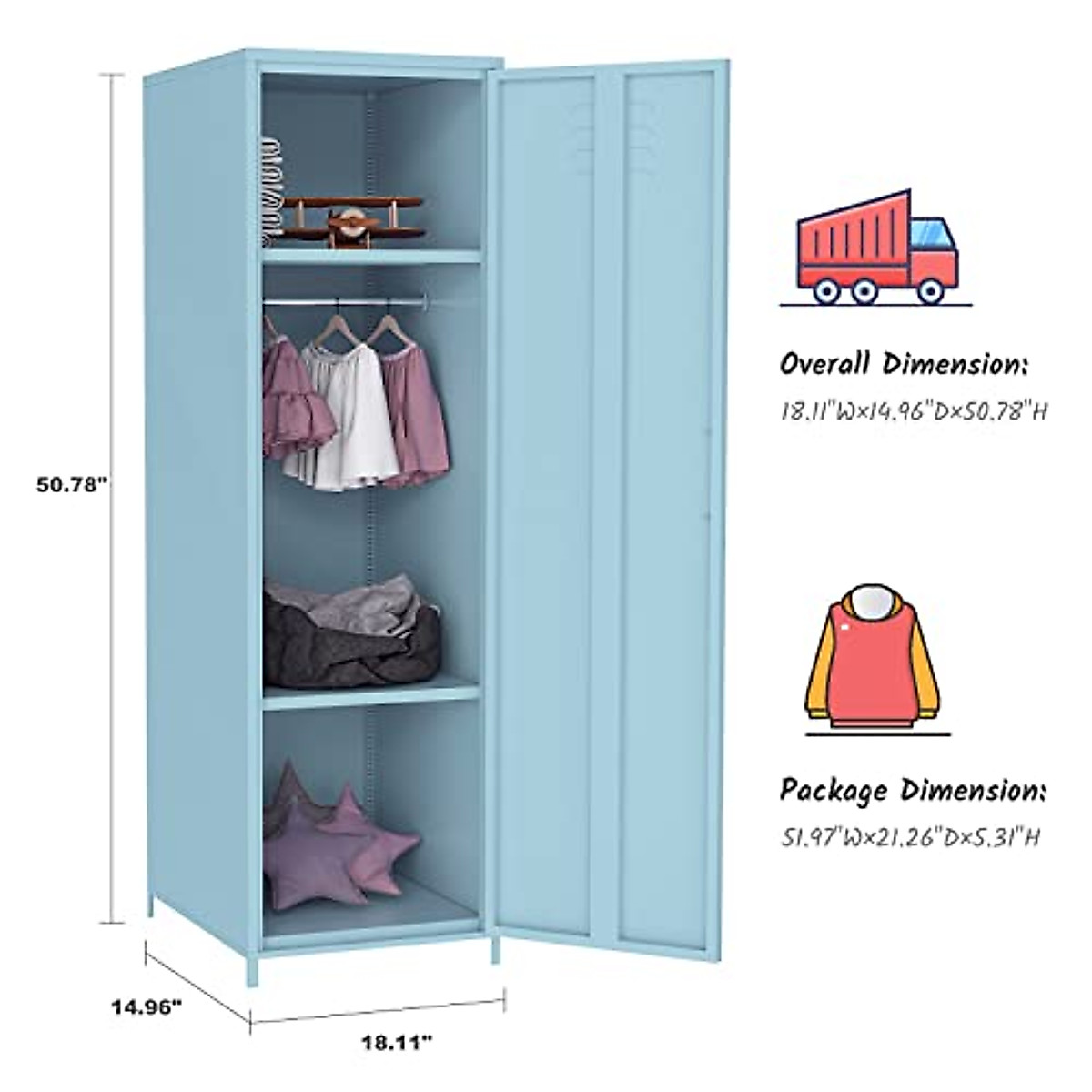 Sweiko Metal Locker Cabinet Storage Cabinet Locker for Bedroom School Classroom Single Door Steel Locker for Toys and Clothes with Hanging Rod and Shelves Blue