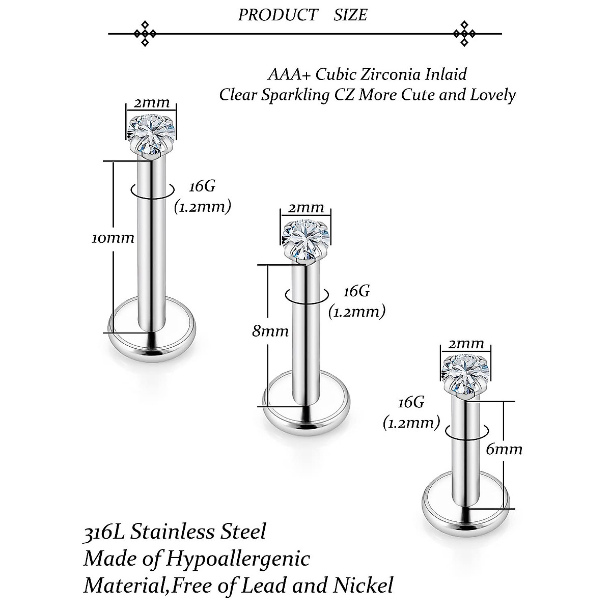 Vsnnsns 16G Lip Rings Stainless Steel Labret Jewelry Monroe Lip Rings Nail Cartilage Tragus Helix Earrings Studs Piercing Jewelry Medusa Piercing Jewelry for Women Men 16 Gauge Earrings 2MM CZ Silver
