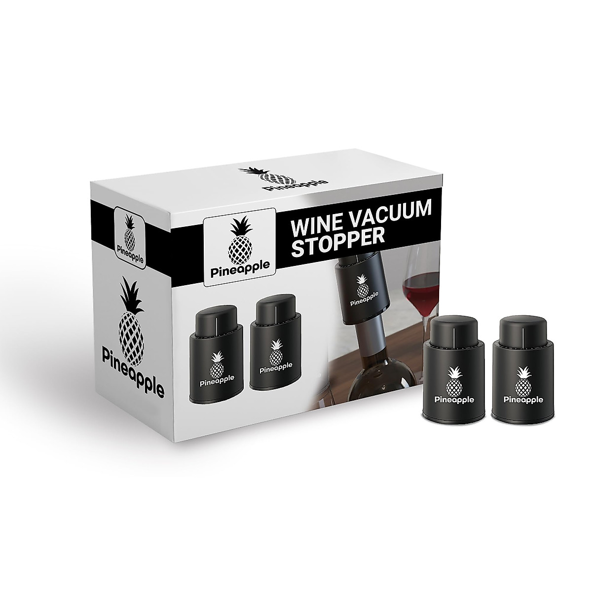 Pineapple [2 PACK] Wine Stopper Vacuum Pump, Reusable Wine Bottle Saver, Wine Preserver Cork for Wine, Champagne, Gifts, Accessories