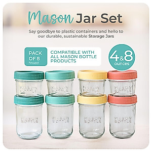 Mason Bottle Breast Milk Storage Glass (4oz & 8oz, 8-Pack) - Reusable Glass Baby Food Jars with Lids - Airtight, Stackable, Freezable Glass Baby Food Containers, Milk Container for Baby Formula
