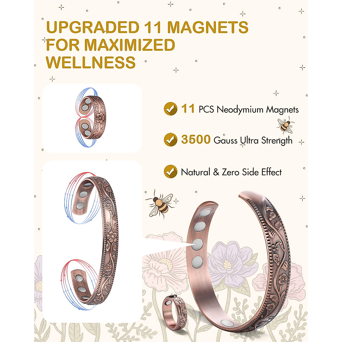 Feraco Copper Bracelet & Lymphatic Drainage Rings for Women, Vintage Flower Copper Magnetic Cuff Bangle, 99.99% Pure Copper with Neodymium Magnets, Adjustable with Gift Box