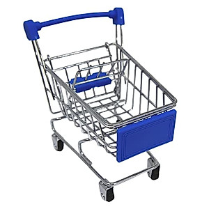 Bonka Bird Toys 2297 Mini Shopping Cart Supermarket Handcart Basket Foot Talon Bird Toy Treat Forage Dispenser Holder Model Metal Wheel Wire Frame Pet Fun (Dark Blue)