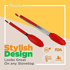 Riveira Red Tongs for Cooking with Silicone Tips | 9 and 12-Inch Pieces | Non-Stick Kitchen Grill Tongs | BBQ Tongs for Grill | 550°F High Heat-Resistant Premium Silicone Tips | 304 Stainless Steel