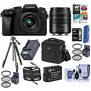 Panasonic Lumix DMC-G7 Mirrorless Camera with Lumix G Vario 14-42mm and 45-150mm Lenses Lens, Black - Bundle with Camera Case, 64GB SDXC U3 Card, Spare Battery, Tripod, Software Package, and More