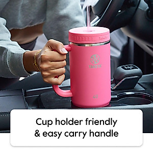 Takeya Straw Tumbler with Handle - Beverage Tumbler for Coffee, Water & More - Durable Tumbler with Built-In Silicone Coaster & 2 Straws - Double Stainless Steel Insulation - 40 oz, Oatmilk