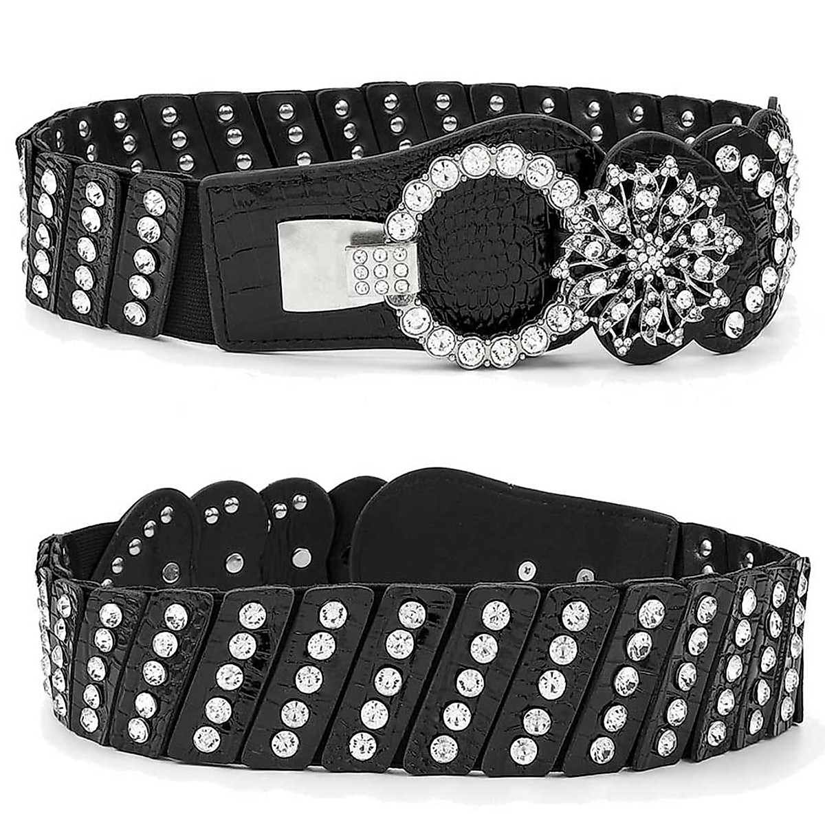 Vivilly Women's Rhinestone Belt Black Crystal Stretchy Retro Wide Waist Cinch Belt for Dress