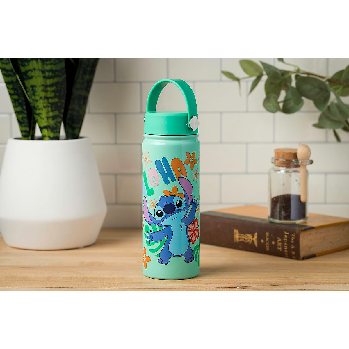 Silver Buffalo Disney Lilo and Stitch “Aloha” Stainless Steel Water Bottle with Swivel Handle Featuring Stitch, 20 Ounces