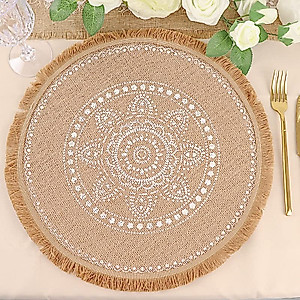 BalsaCircle 4 Natural 15 in Round Burlap Jute Placemats White Prints Fringe Tassel Trim Party Events Reception Decorations Supplies