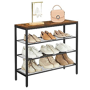 VASAGLE 4-Tier Shoe Rack, Freestanding Storage Organizer, Mesh Shelves, Space-Saving in the Entryway, Industrial, Rustic Brown + Black