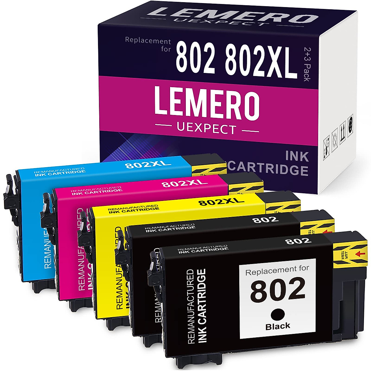 LEMERO UEXPECT 802 802XL Remanufactured Ink Cartridge Replacement for Epson 802 802 XL T802XL for Workforce Pro WF-4740 WF-4730 WF-4734 EC-4020 Printer Black Cyan Magenta Yellow, 5-Pack
