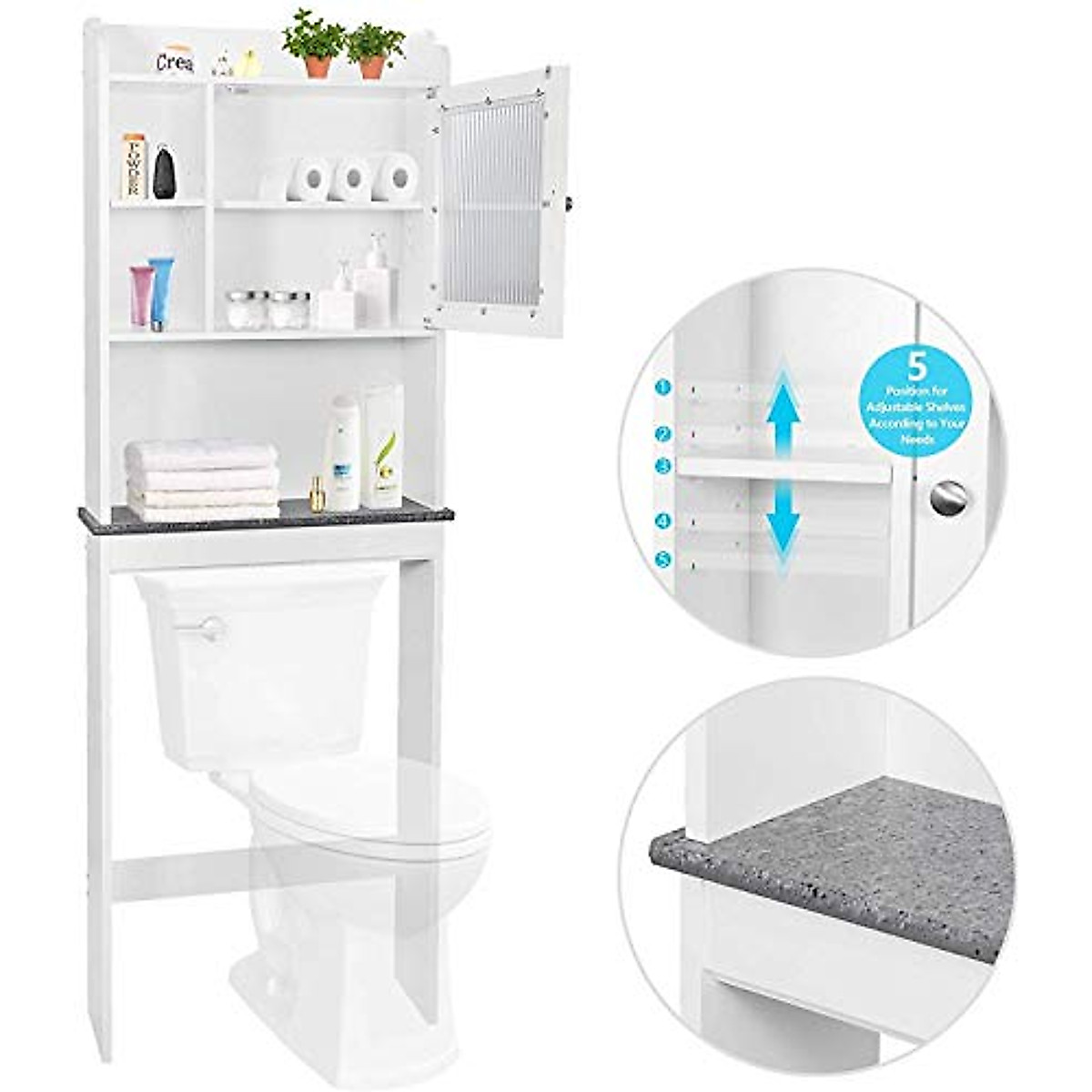 Wooden Bathroom Shelf Over The Toilet Cabinet Storage Space-Saving - Bathroom Freestanding Cabinet w/Adjustable Shelves, White