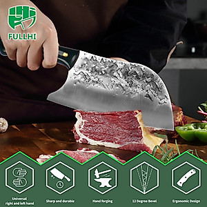 FULLHI 9 PCS Butcher Knife Set with Knife Bag and Sheath - Hand Forged Green handle Chef Knife High Carbon Steel Cleaver Knife Set for Kitchen Camping BBQ