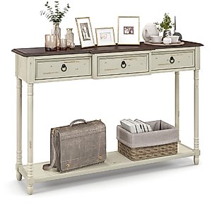 Giantex Console Table with 3 Storage Drawers - Entry Table, Rustic Farmhouse Entryway Table with Open Storage Shelf, Solid Wood Legs, Long Sofa Table for Living Room, Hallway, Narrow Console Table