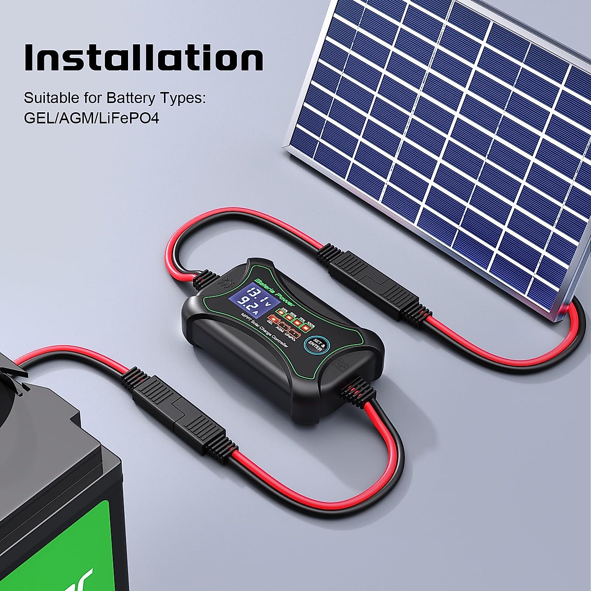 10A MPPT Wireless Solar Charge Controller with BT, Bateria Power 12 Volt Phone APP Intelligent Control Solar Regulator with LCD Display, LED Indicate Light for Gel AGM Lithium LiFePO4(Sunrock 10Pro)
