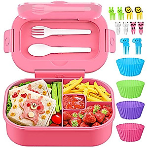 TIME4DEALS Bento Box for Kids 44oz 4 Compartment Lunch Container with Cutlery, Bento Lunch Box Containers for Kid/Adult/Toddler, Leak Proof, Microwave/Dishwasher/Refrigerator Safe, BPA Free (Pink)