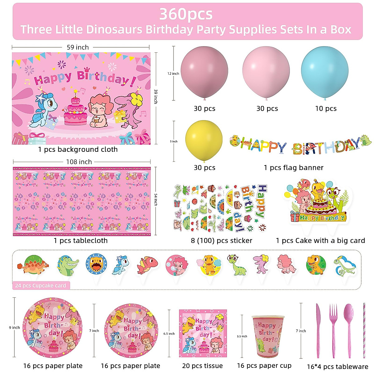 Girls Dinosaur Party Supplies for Pink Dinosaur Birthday Party Balloons Garland Arch Kit with Tablewear & Backdrop 59*40 Inch, 360 PCS Dinosaur Birthday Decorations