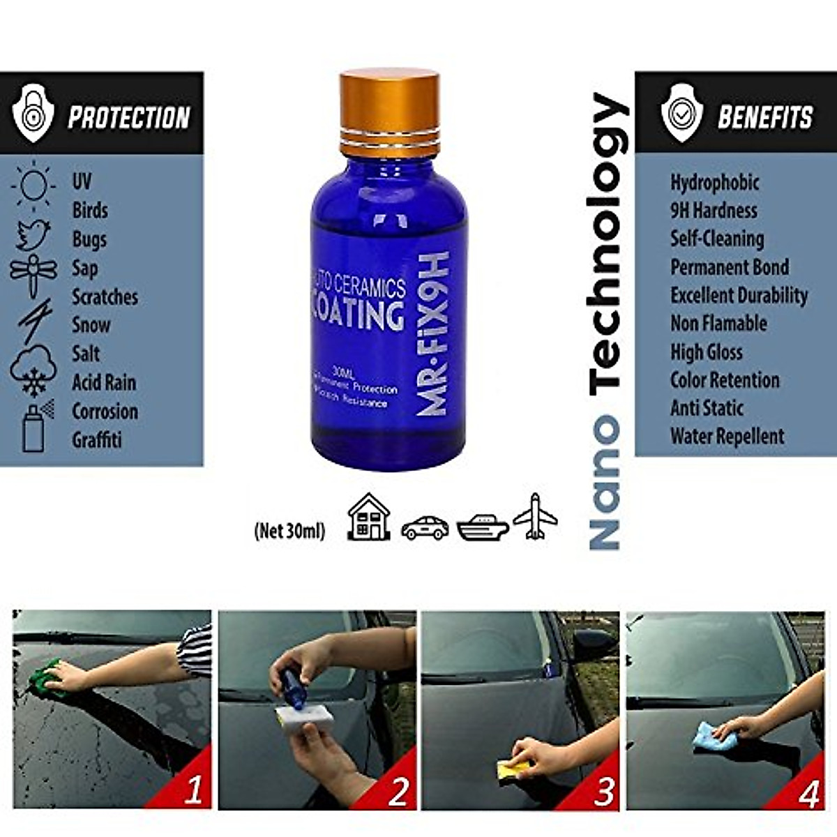 Malcm High Gloss Ceramic Car Coating Kit, Anti-scratch Car Polish Exterior Care Paint Sealant 9H Hardness 30ML (1Pcs)