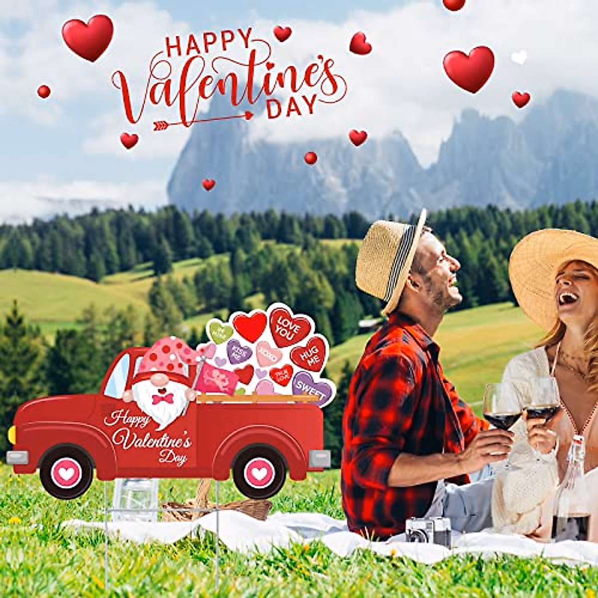 Valentine's Day Yard Signs with Stake Valentines Gnomes Outdoor Lawn Decorations Happy Valentine's Day Red Truck Lawn Signs for Valentine Day Wedding Anniversary Lawn Garden Yard Outside Decorations