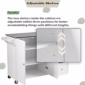 GLACER Kitchen Island Cart on Wheels, Rolling Kitchen Cart with Stainless Steel Countertop, Rolling Kitchen Island for Kitchen, Dining Room, Restaurant, 53 x 18 x 36 inches (White)